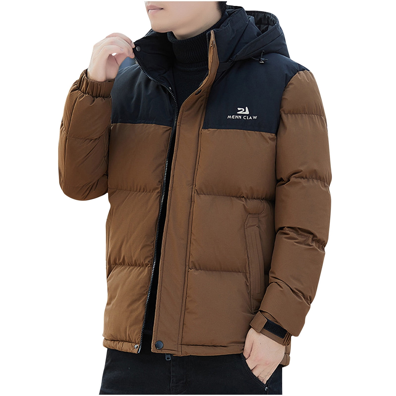 COSFO Puffer Men Coats Casual Brown Colorblock Zip Up Coat Loose Thick ...