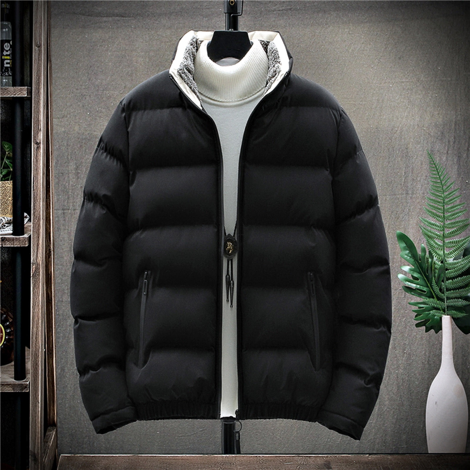 COSFO Puffer Mens Jacket Winter Solid Warm Black Coat Windproof Zip Up ...