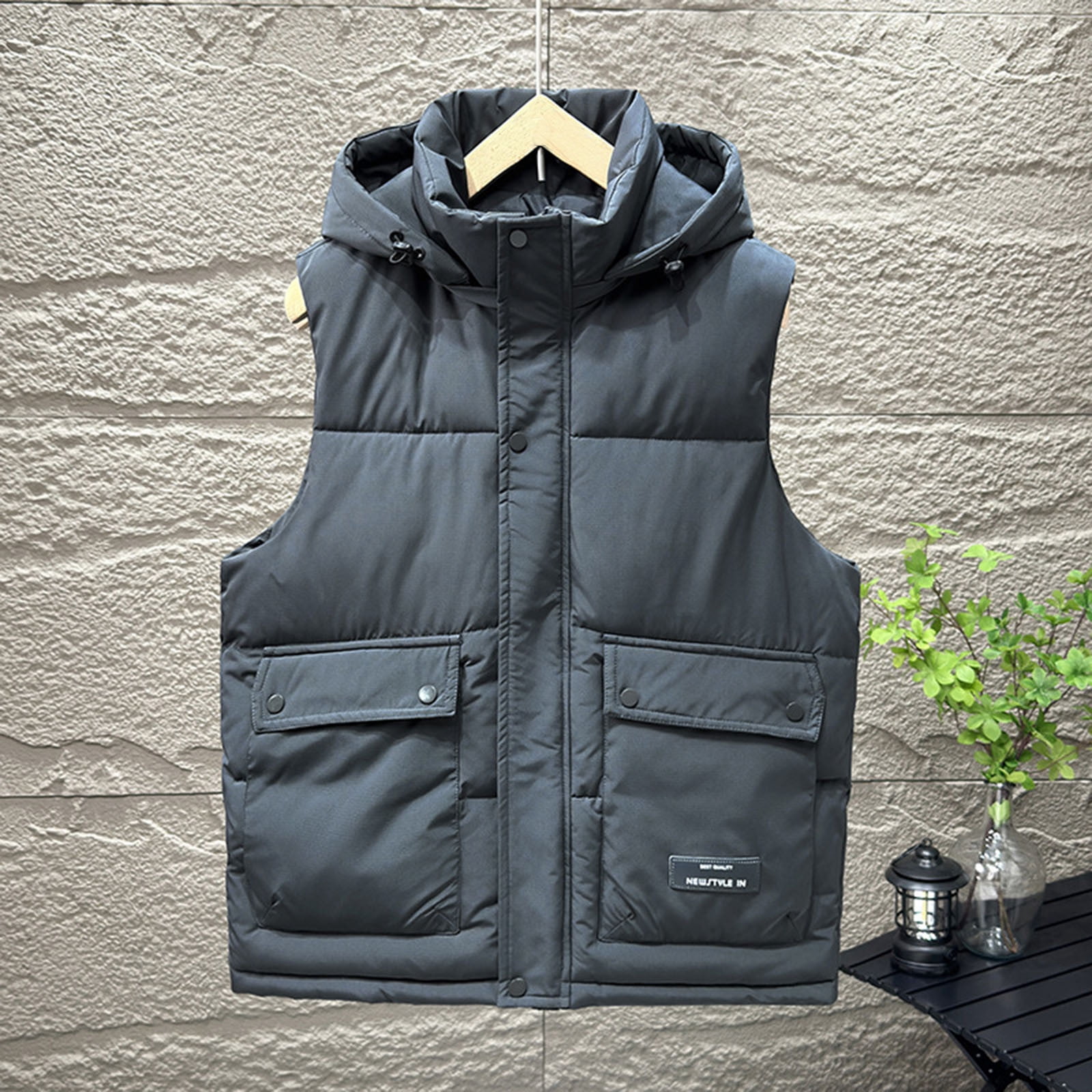 COSFO Puffer Vests for Men Gray Hooded Zip Up Solid Waistcoat ...