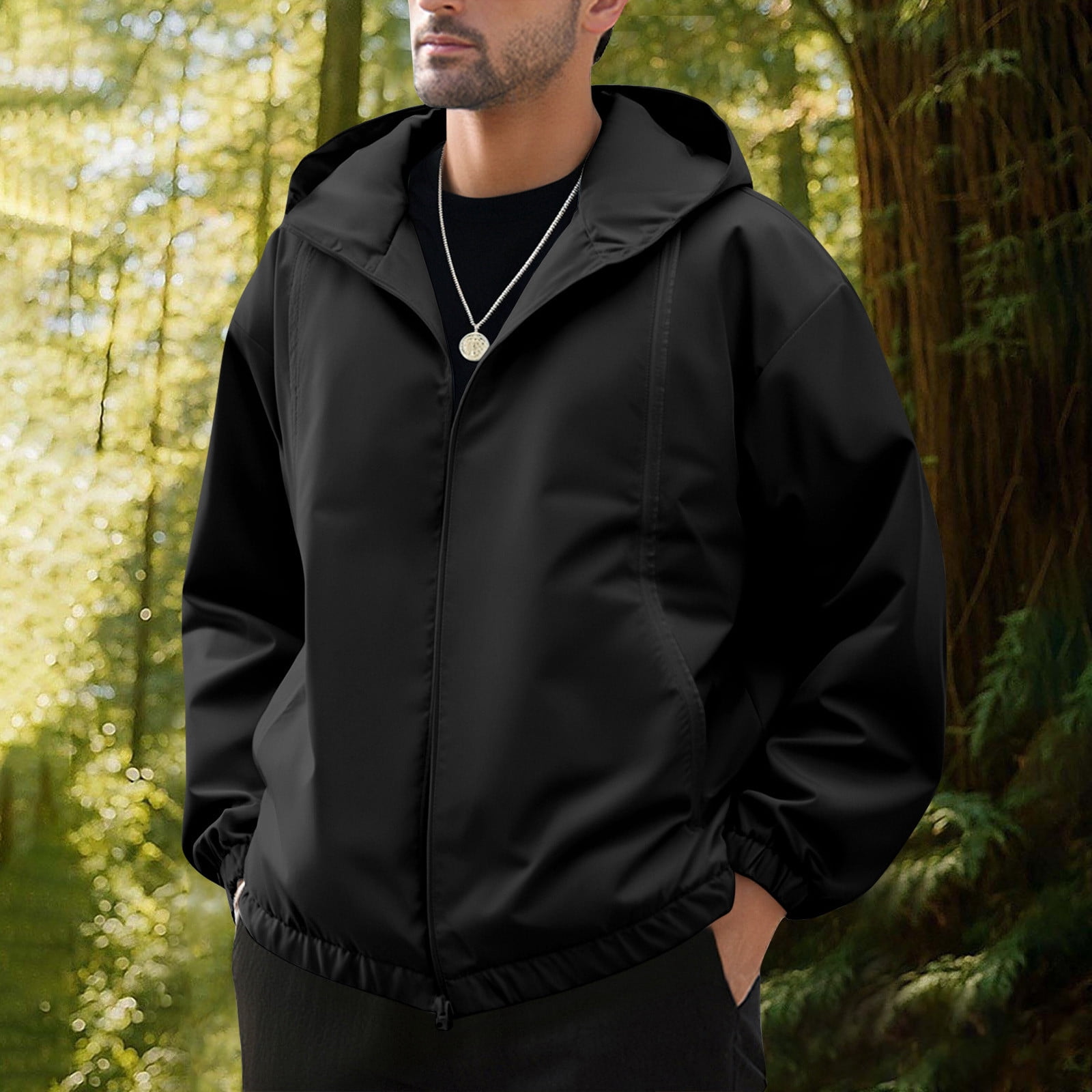 COSFO Rain Jacket Men Waterproof Black Hooded Windbreaker Long Sleeve ...