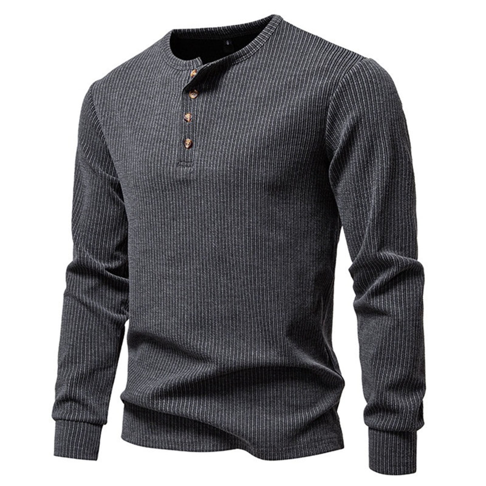 COSFO Ribbed Mens Shirts Henley Black Long Sleeve Tops Button Slim Fit ...