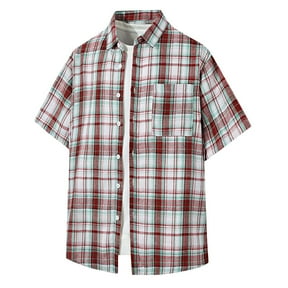 KINPLE Men's Short Sleeve Casual Button-Up Plaid Shirt, Regular Fit ...