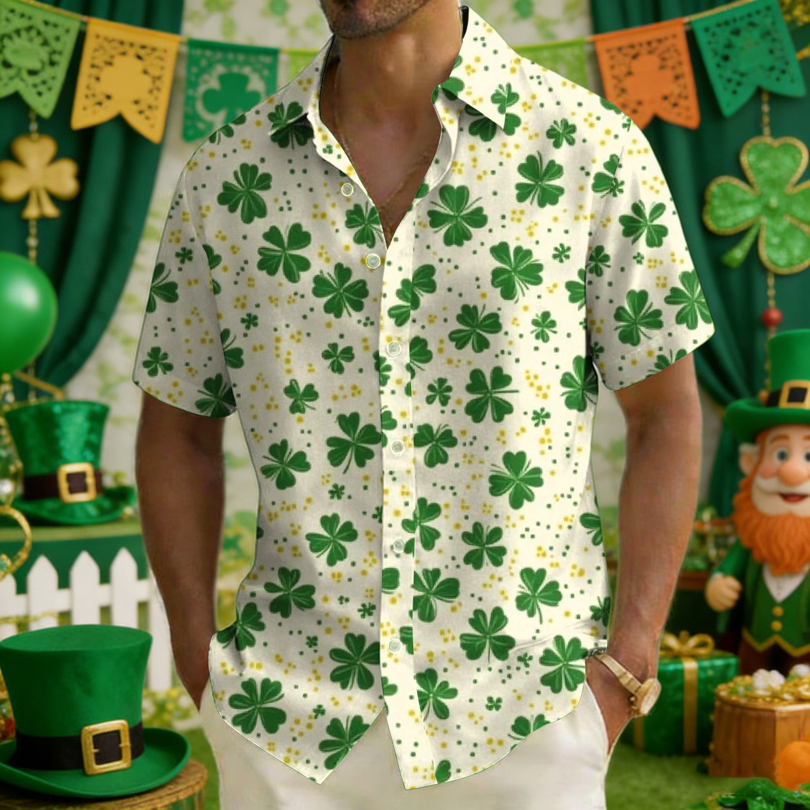 COSFO Short Sleeve Button Up Shirt Men Mesh St Patricks Day Tops Loose ...
