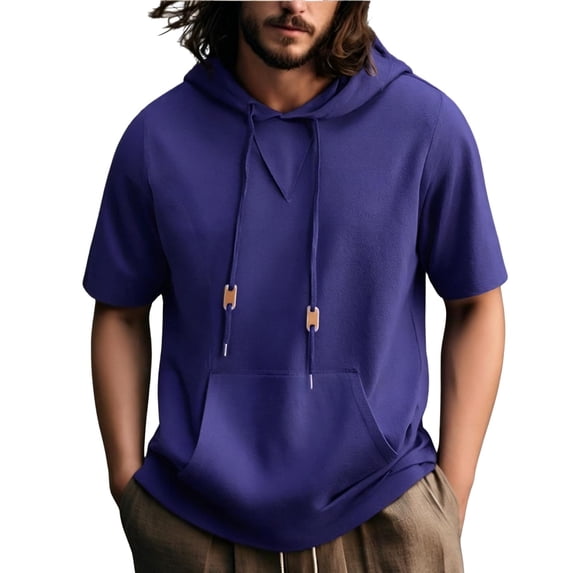 COSFO Cotton Linen Men's T-Shirts Casual Short Sleeve Blue Hoodie Shirt ...