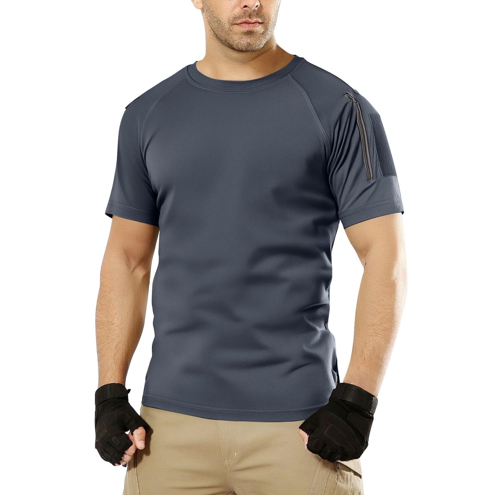 COSFO Short Sleeve Men's T-Shirts Gray Workout Crewneck Zipper Pockets ...