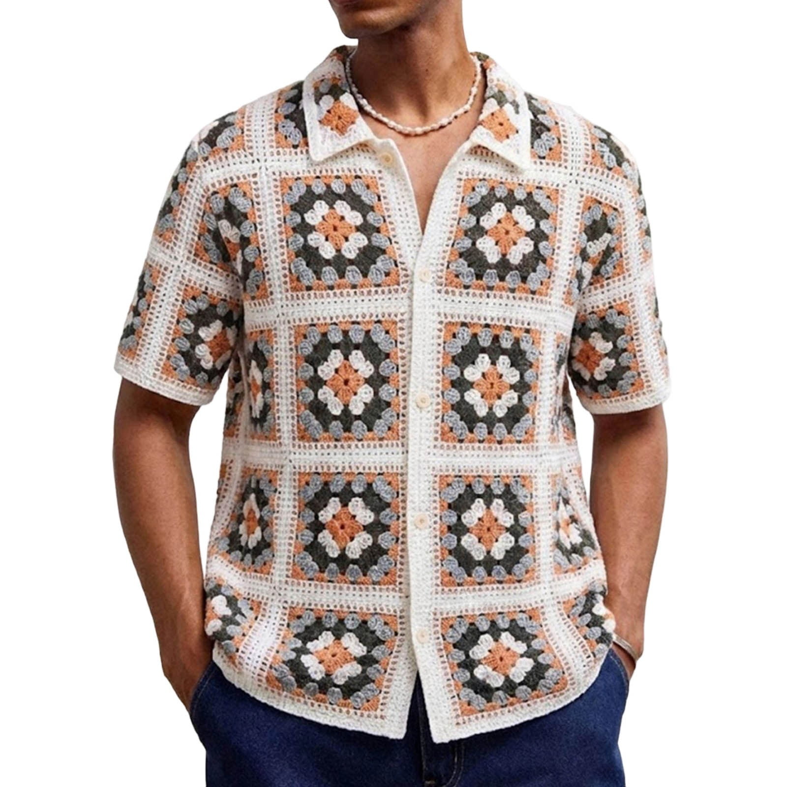 COSFO Short Sleeve Mens Button Up Shirts Floral Knit Tops Collar Cut ...