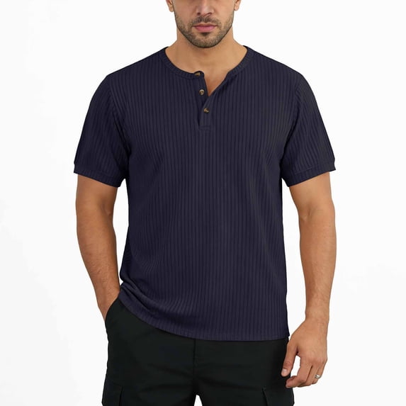 COSFO Short Sleeve Mens T-Shirts Summer Blue Henley Ribbed Shirt Casual ...