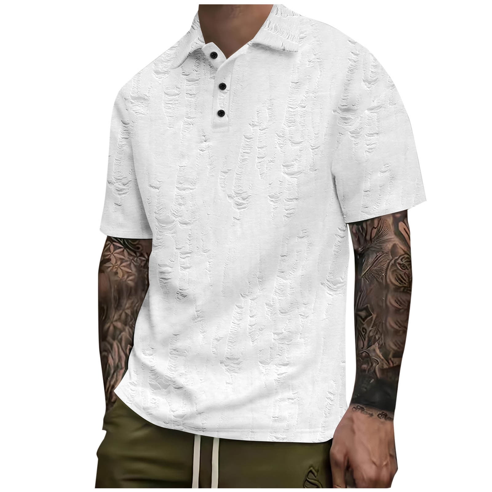 COSFO Short Sleeve Mens Tshirts Casual Solid Collared Tops Button Loose ...