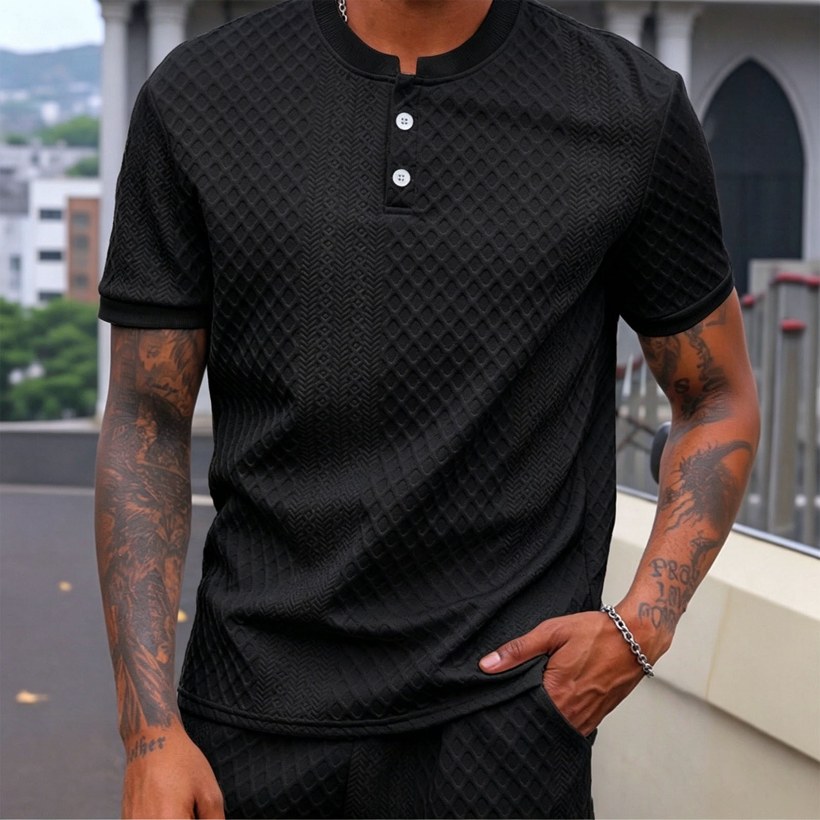 COSFO Short Sleeve T Shirts for Men Jacquard Henley Black Summer Shirt ...