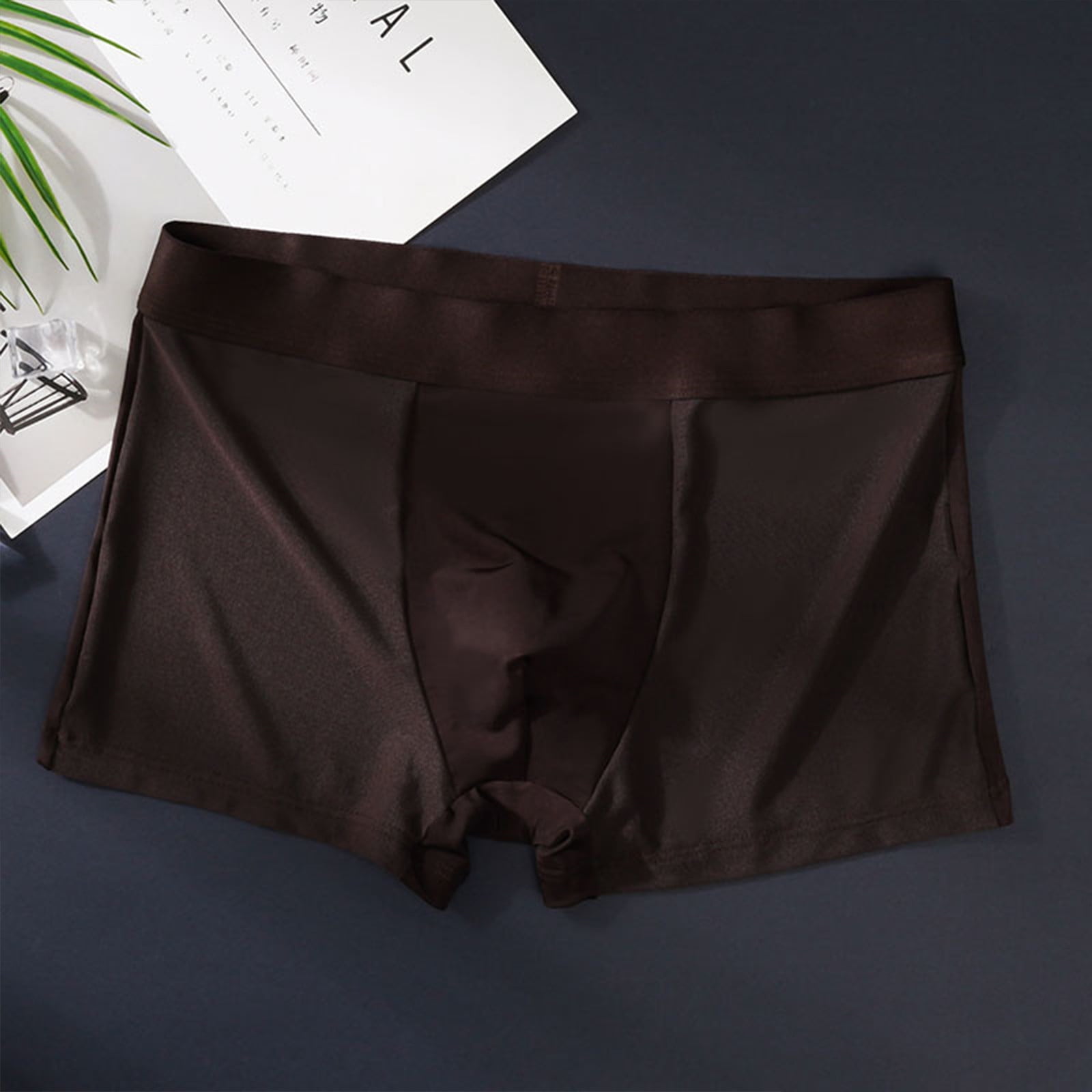 COSFO Silk Boxer Briefs for Men with Pouch Brown Underwear Loose Fit ...
