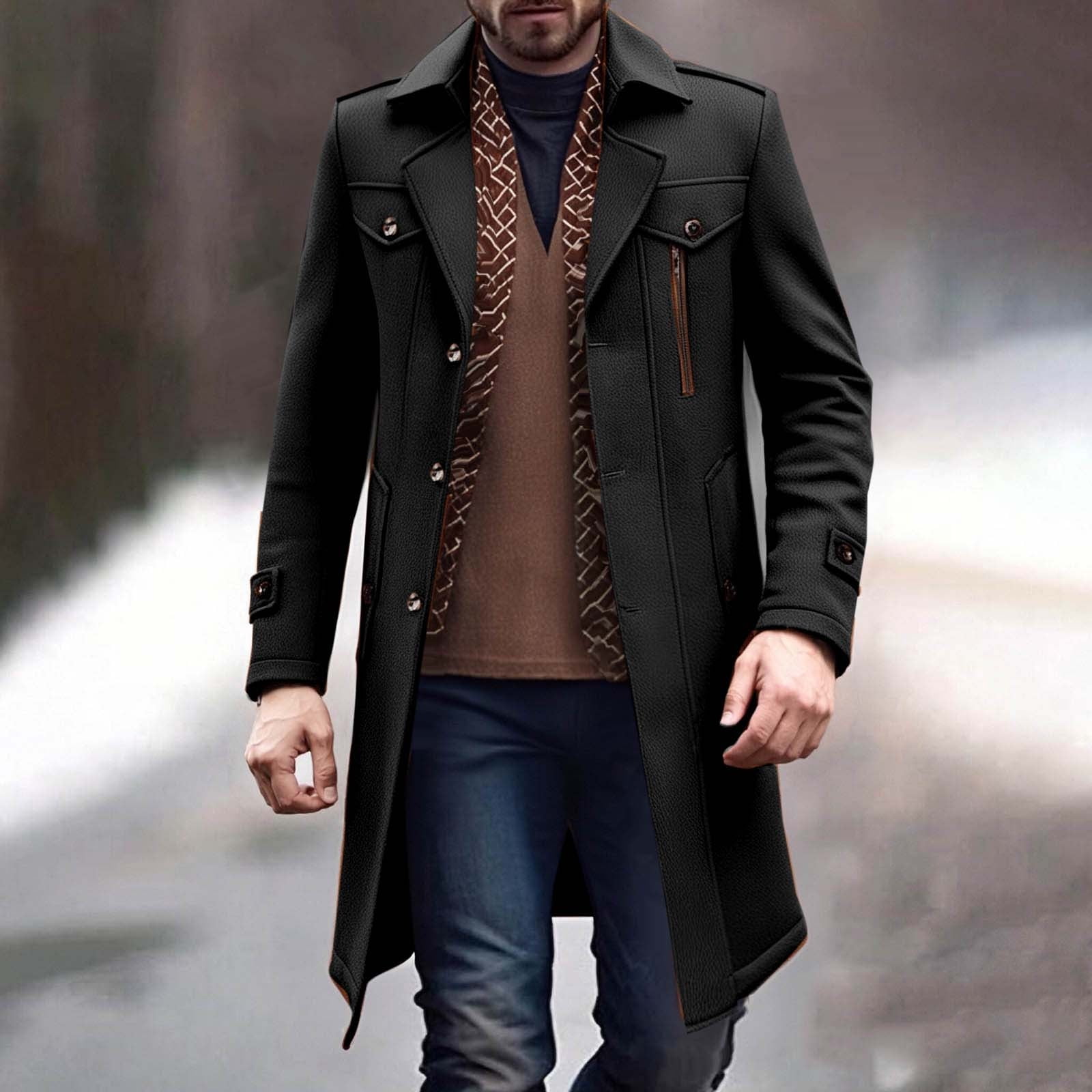 COSFO Single Breasted Coats for Men Casual Black Fleece Overcoat Loose ...