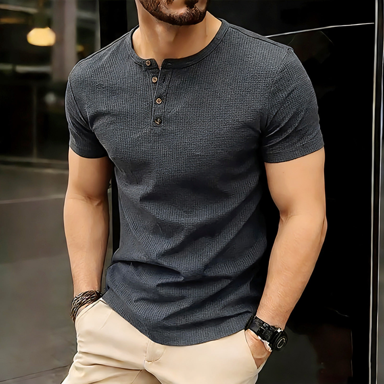 COSFO Solid Mens Shirts Henley Waffle Short Sleeve Summer Classic T ...