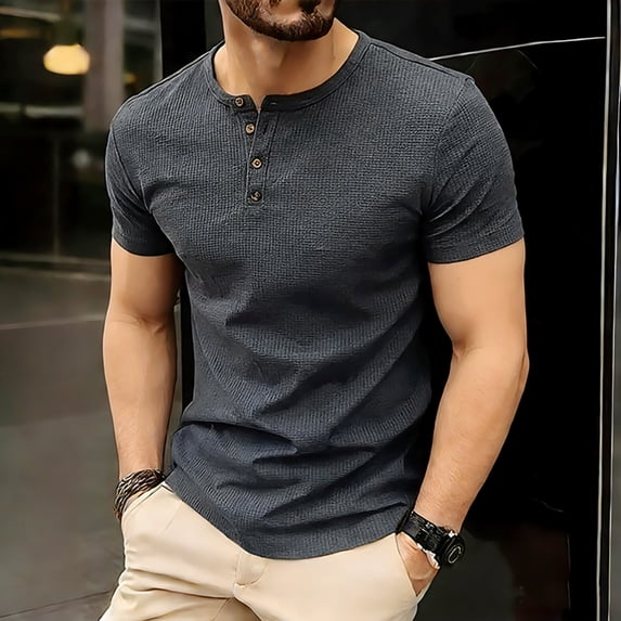 COSFO Solid Mens Shirts Henley Waffle Short Sleeve Summer Classic T ...