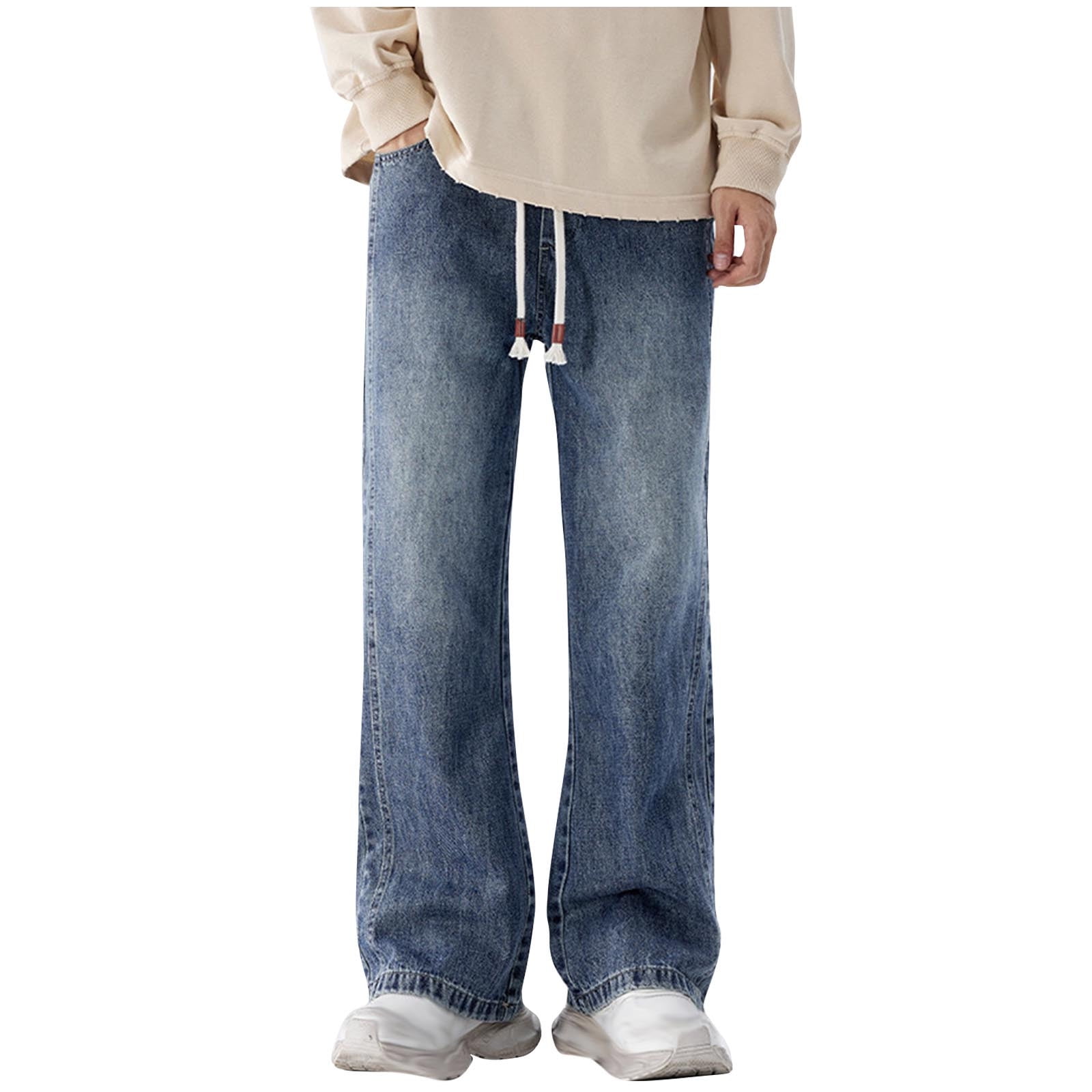 COSFO Straight Jeans for Men Casual Solid Baggy Trousers Elastic Waist ...