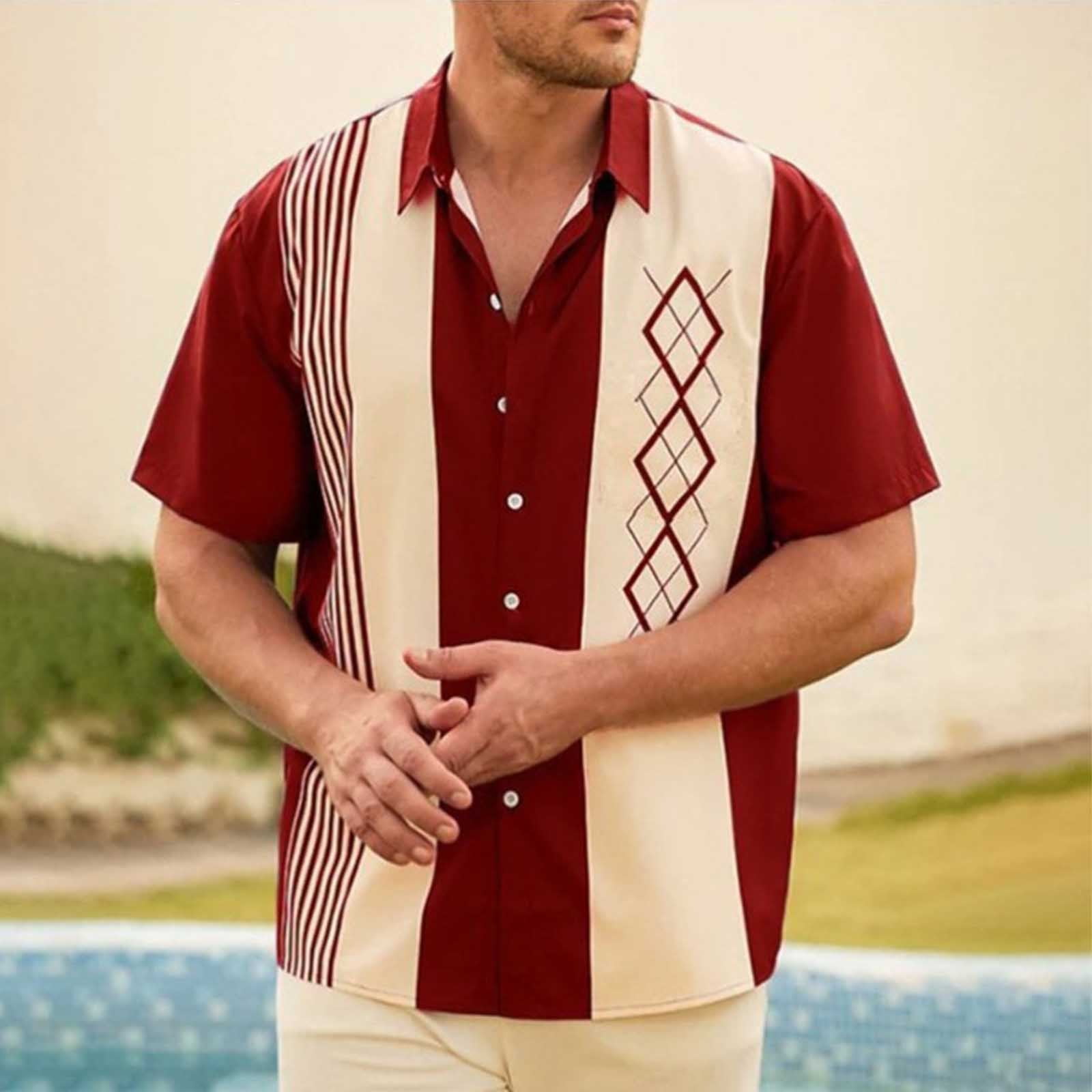 COSFO Striped Mens Button Up Shirt Red Casual Short Sleeve Collared ...