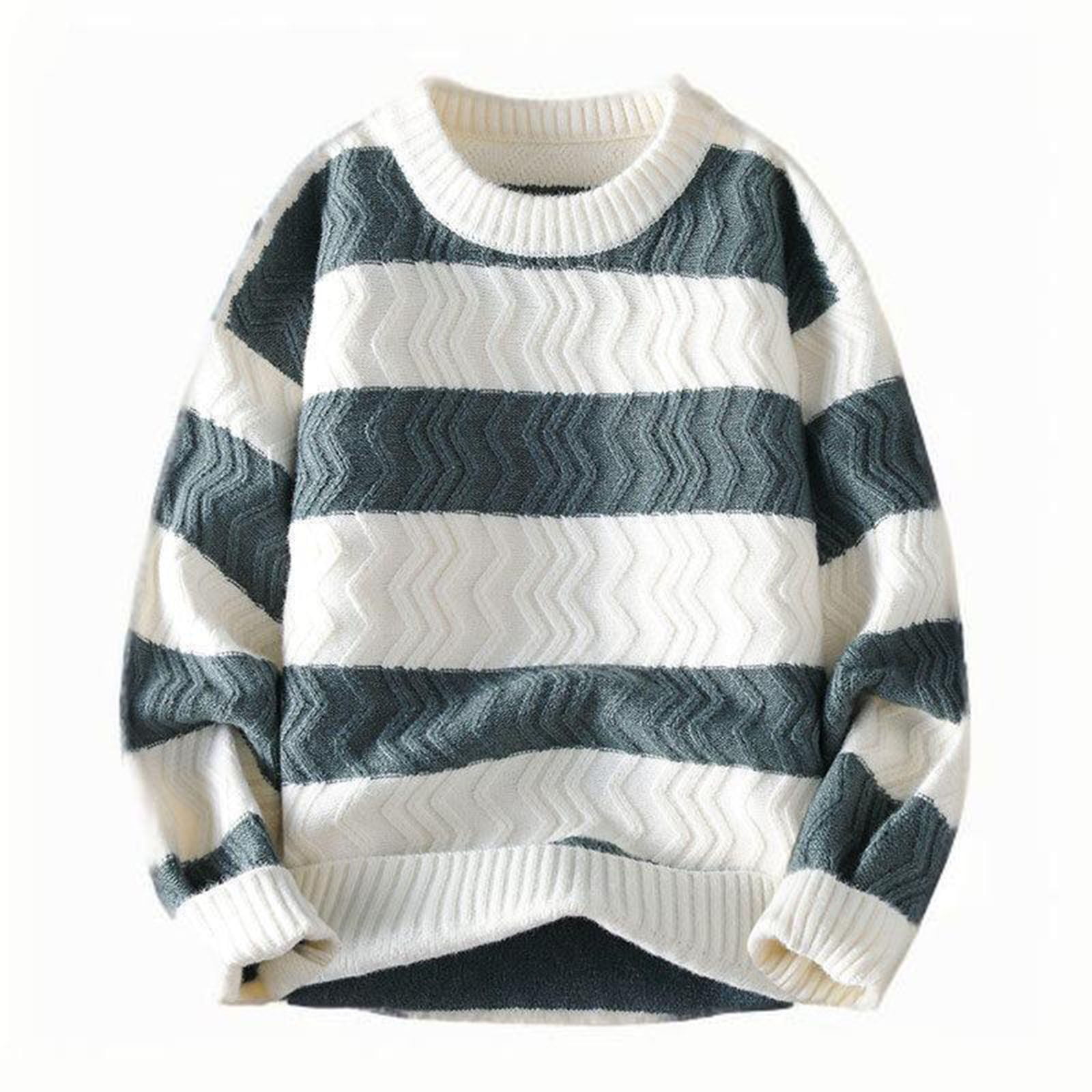 COSFO Striped Sweater for Men Casual Pullover Crewneck Tops Loose Long ...