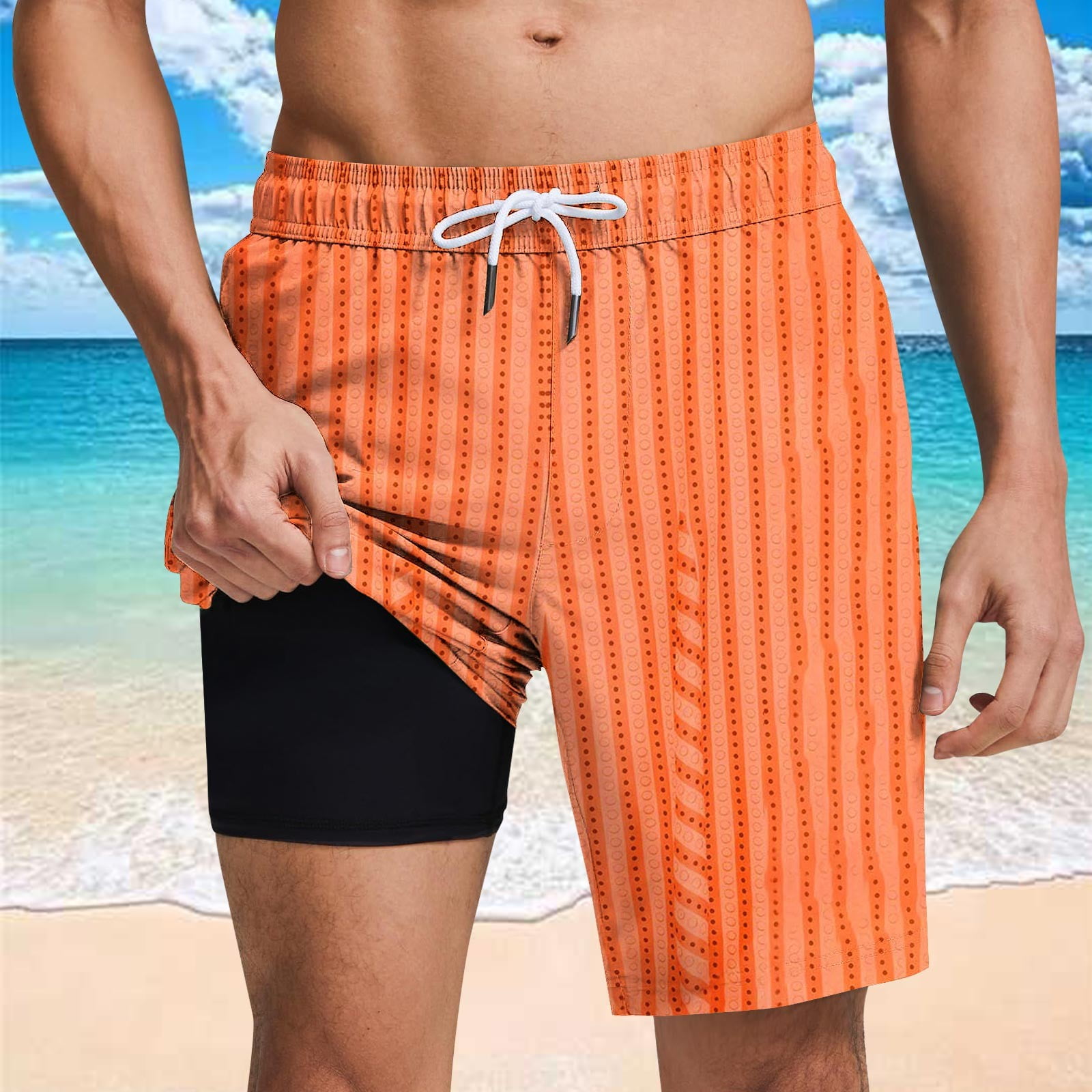 COSFO Striped Swim Trunks for Men Elastic Waist Casual Board Shorts Relaxed Fit with Compression ...