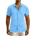 COSFO Summer Men's Short-Sleeve Button-Down Shirt Faux Linen Blue ...