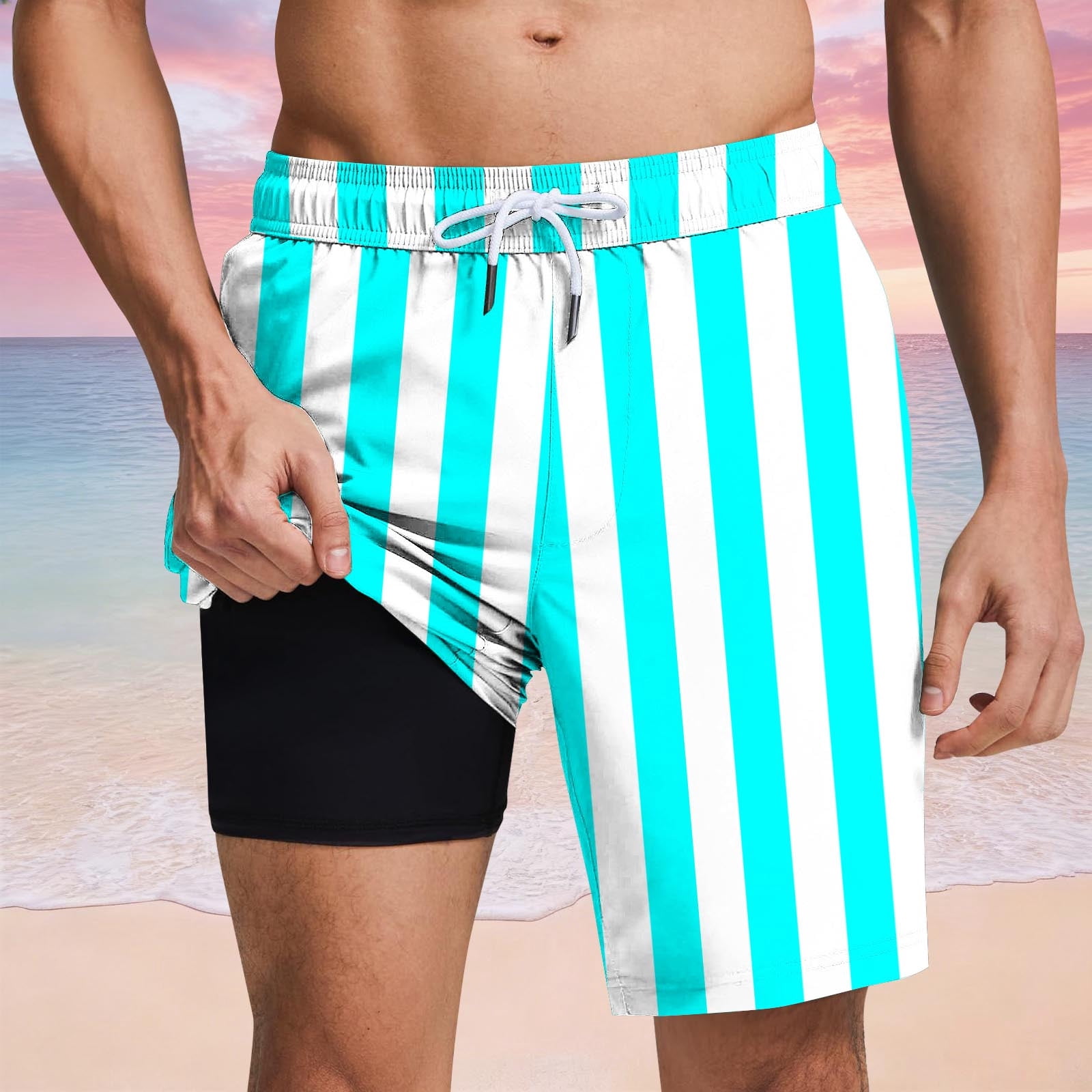 COSFO Summer Men's Swim Trunks Compression Liner Casual Striped Board ...