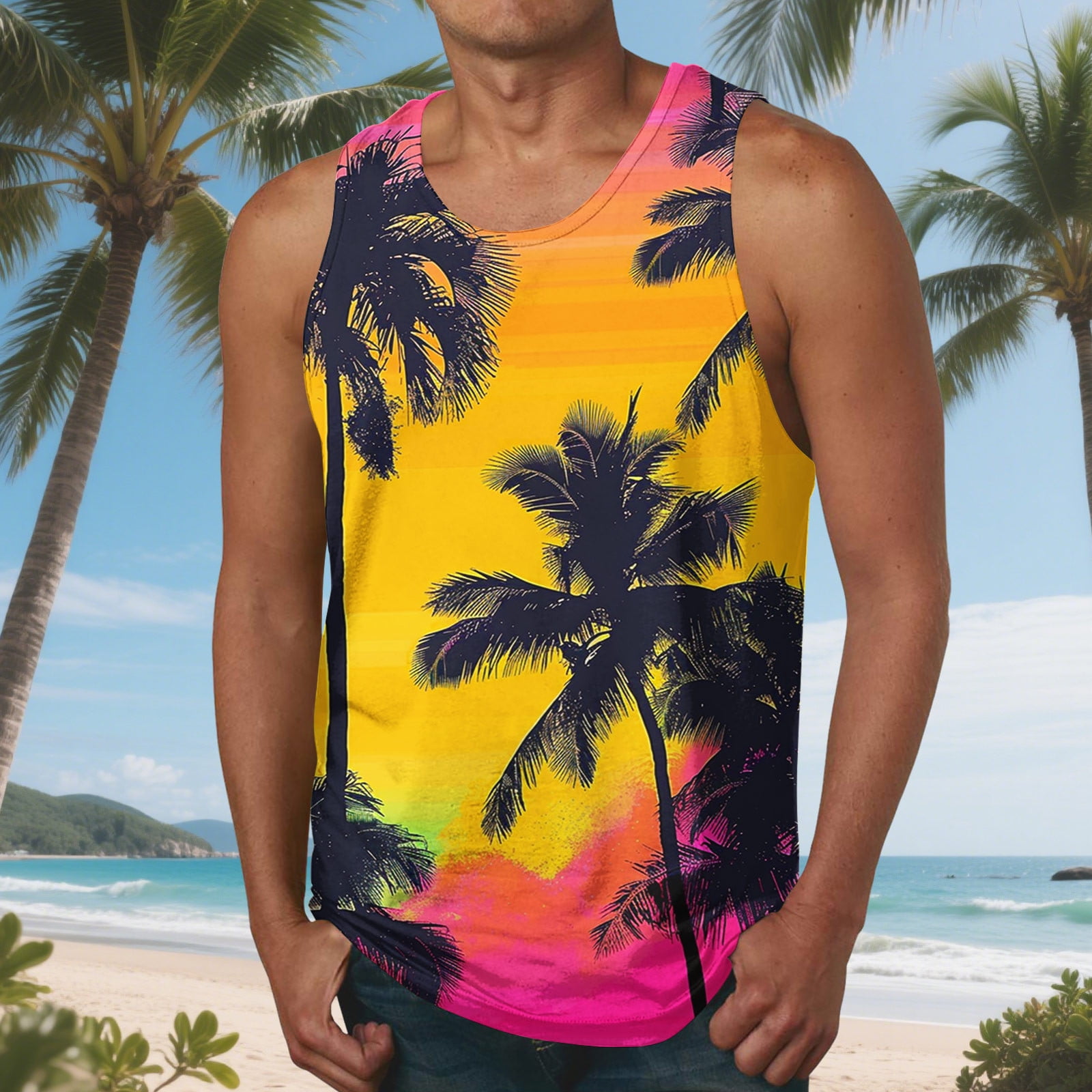 COSFO Tank Top for Men Crew Neck Hawaiian Casual Shirts Loose ...