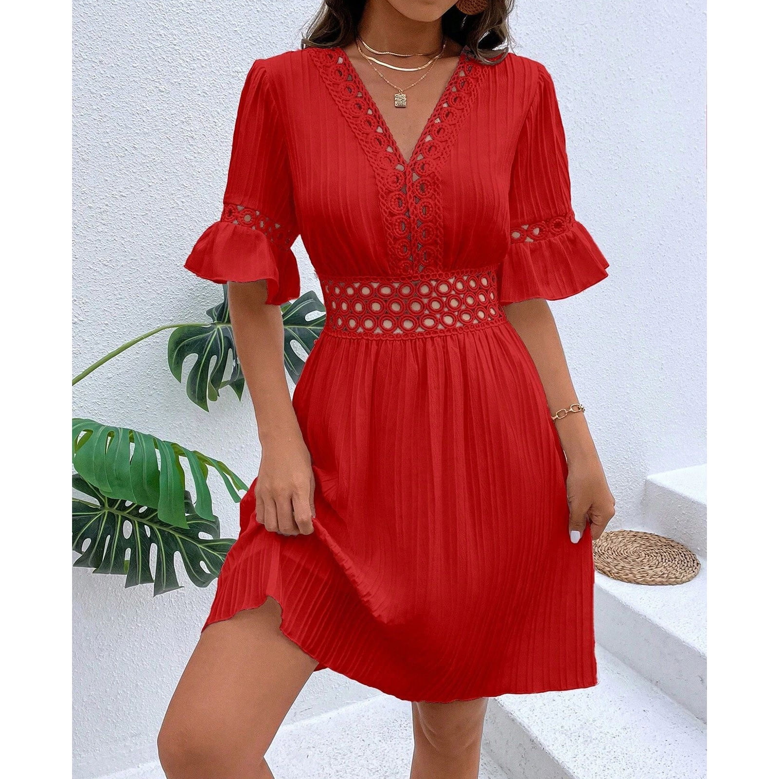 COSFO V-Neck Womens Dresses Casual Short Sleeve Solid Red Mini Dresses ...