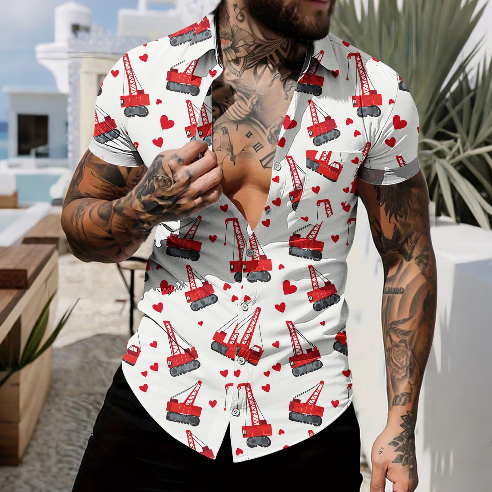 COSFO Vacation Button Down Shirts for Men Valentine's Day Short Sleeve ...