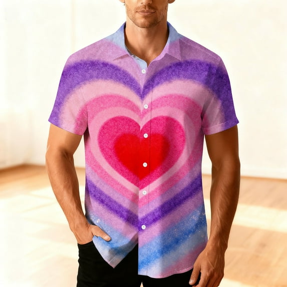 COSFO Valentine's Day Button Down Shirt Men Graphic Short Sleeve Tops ...