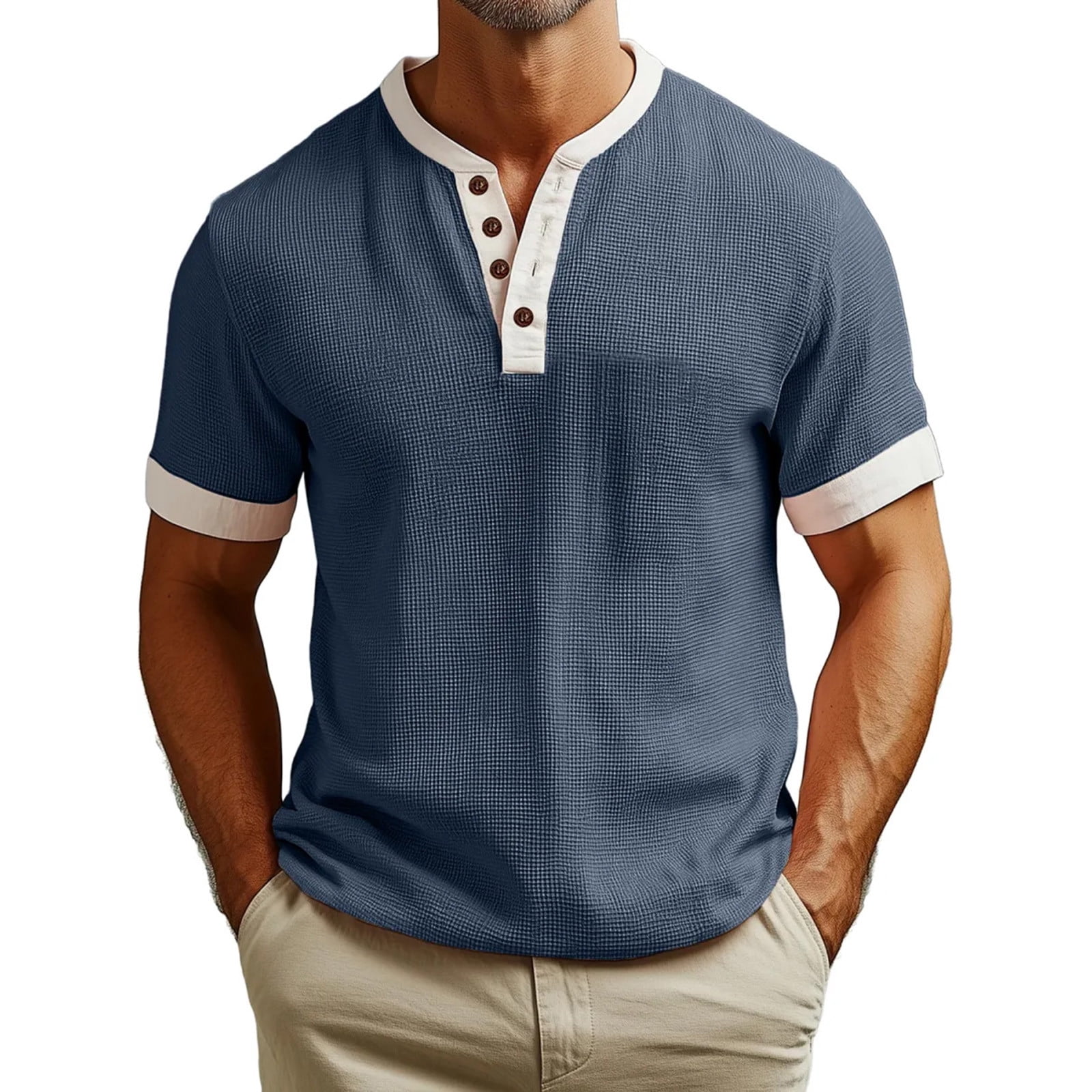 COSFO Waffle Big And Tall Shirts for Men Henley Short Sleeve Colorblock ...