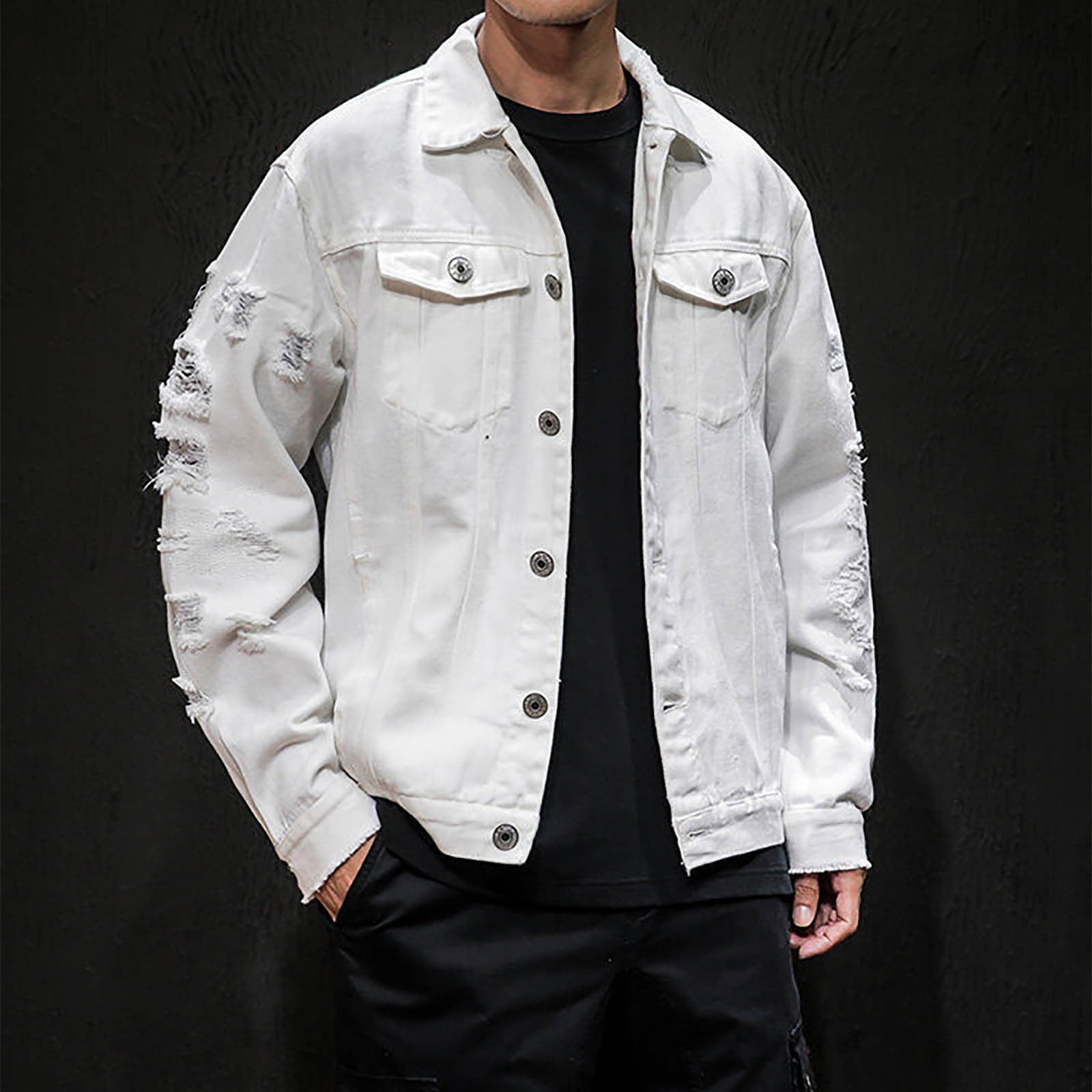 COSFO White Mens Jean Jacket Denim Casual Button Down Solid Coat Loose ...