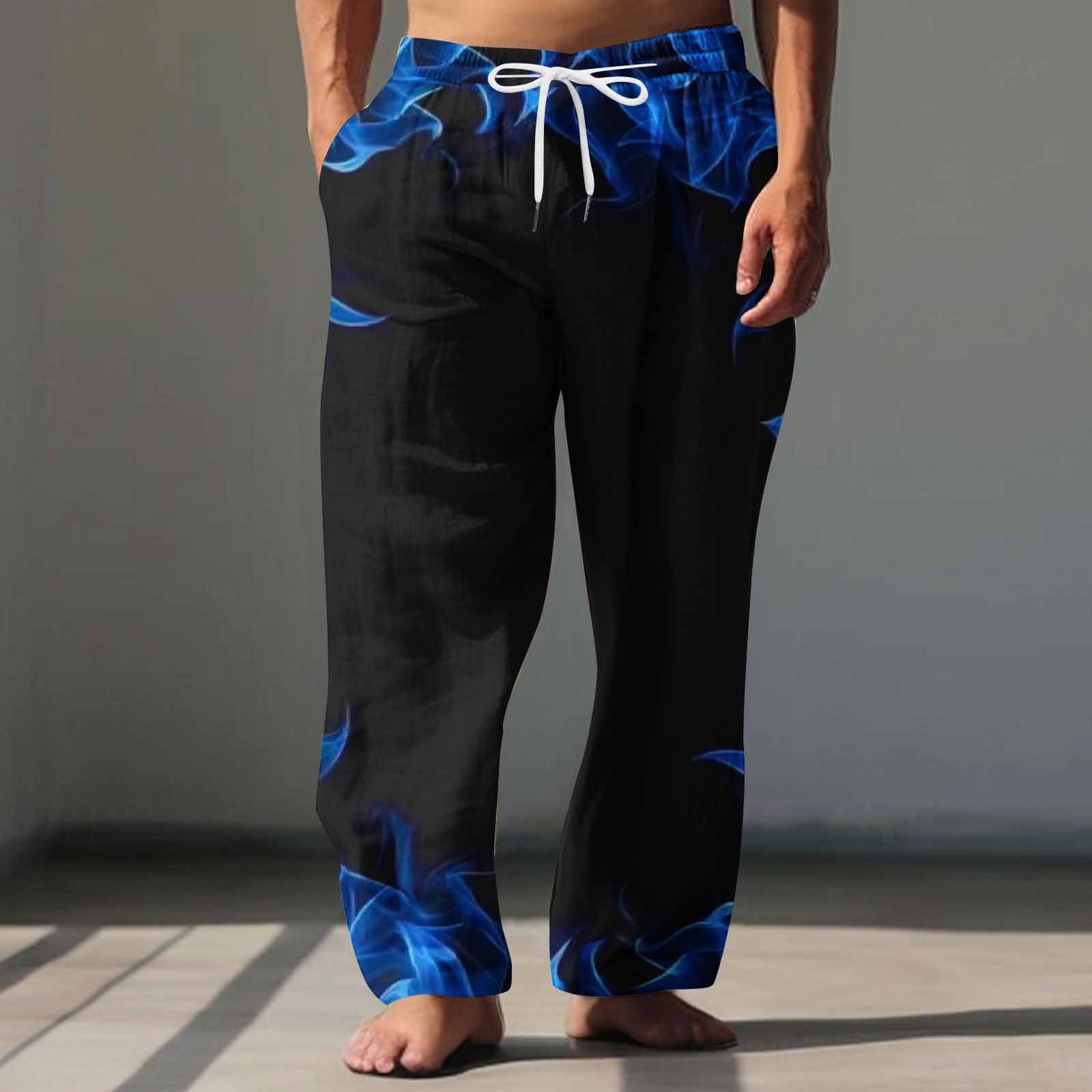 COSFO Wide Leg Pants for Men Lounge Flame Trousers Drawstring Elastic ...