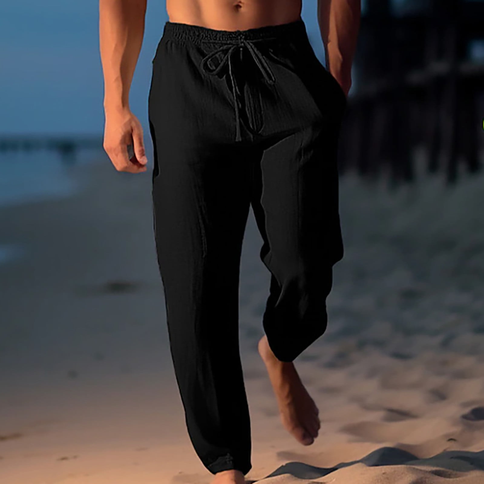 COSFO Wide Leg Pants for Men Solid Black Loose Cotton Linen Beach Pant ...