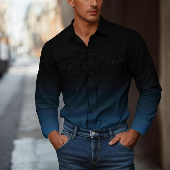 COSFO Work Mens Button Down Shirts Long Sleeve Gradient Casual Tops Loose with Pocket Collared ...
