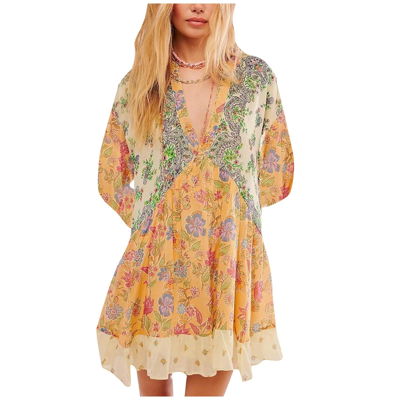 COSFO Yellow Womens Dress Long Sleeve Floral Casual V-Neck Mini Dresses ...
