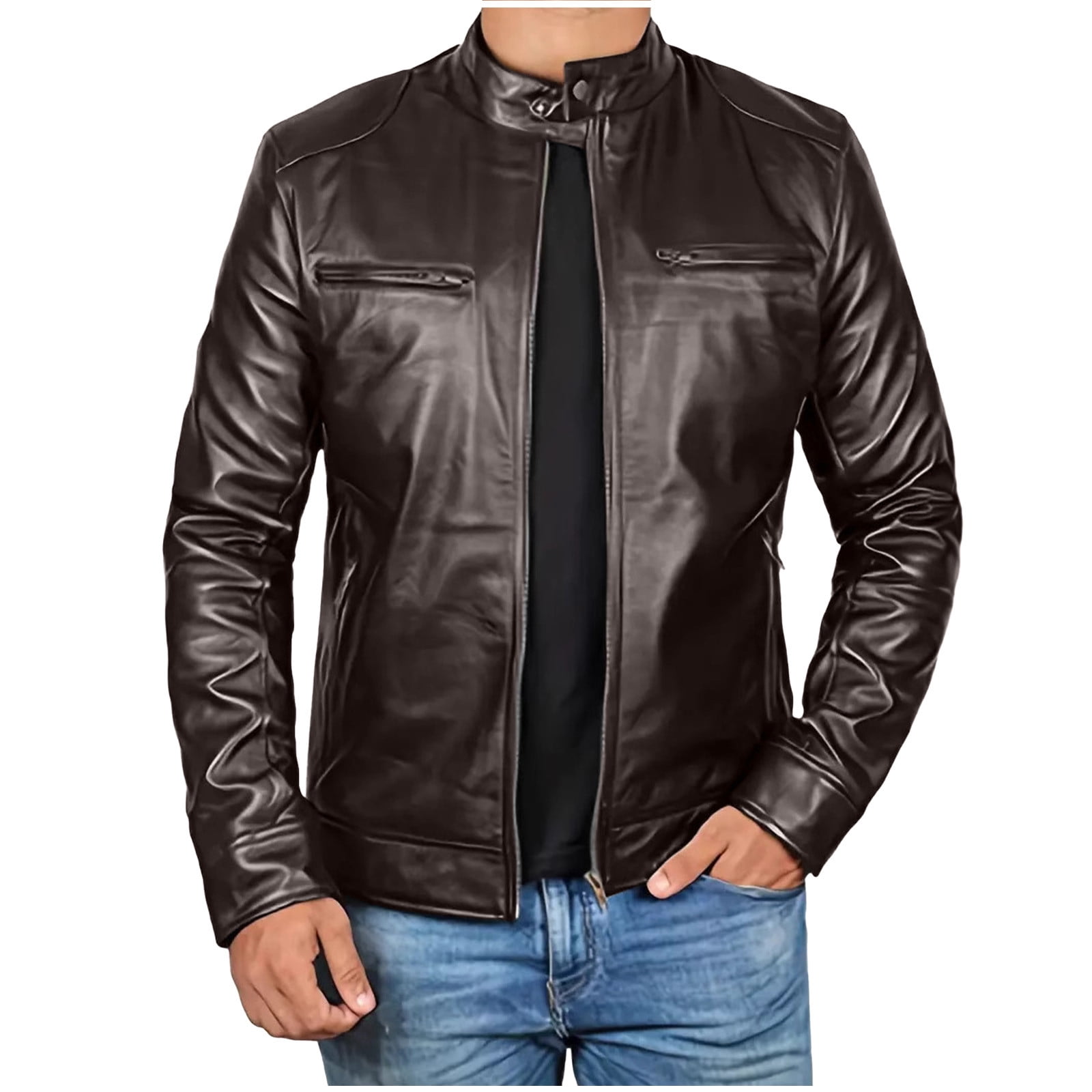 COSFO Zip Up Men Jacket Faux Leather Solid Motorcycle Coats Long Sleeve ...
