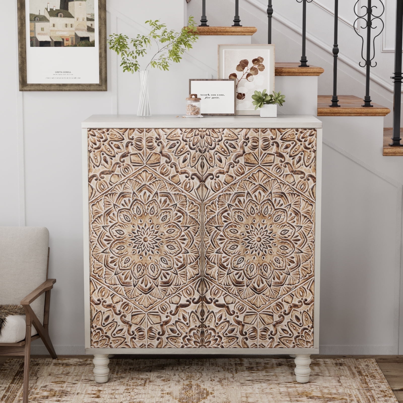 COSIEST 2 Flower Sideboard Wood Entryway Accent Cabinet Vintage Free ...