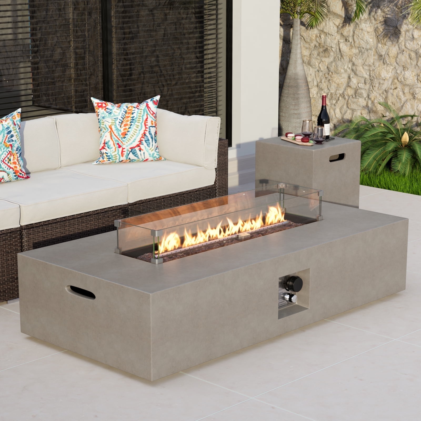 COSIEST 2-Piece Outdoor Rectangle Concrete 56-inch x 28-inch Gray Fire ...
