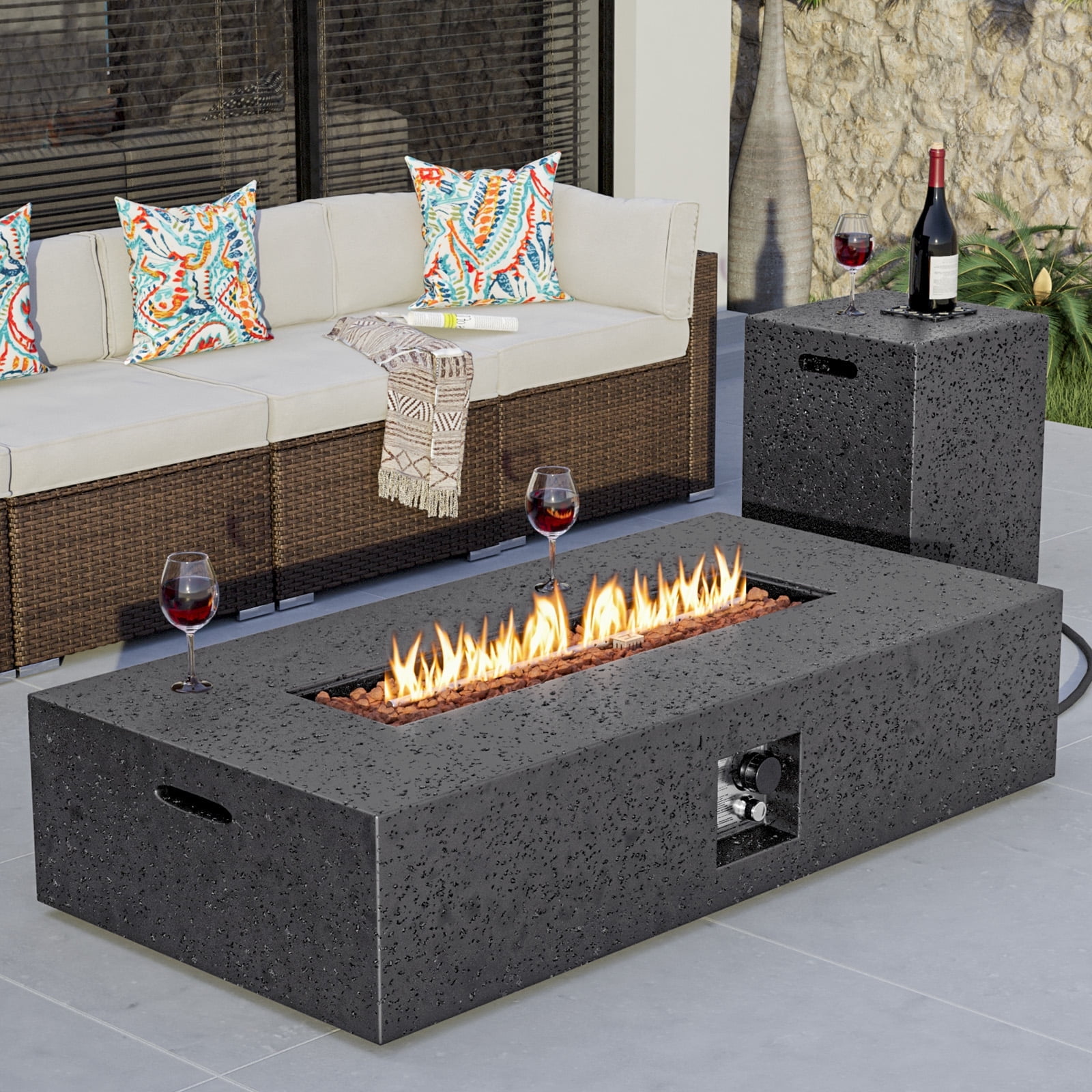 COSIEST 2-Piece Outdoor Rectangle Terrazzo White Propane Fire Table Set ...