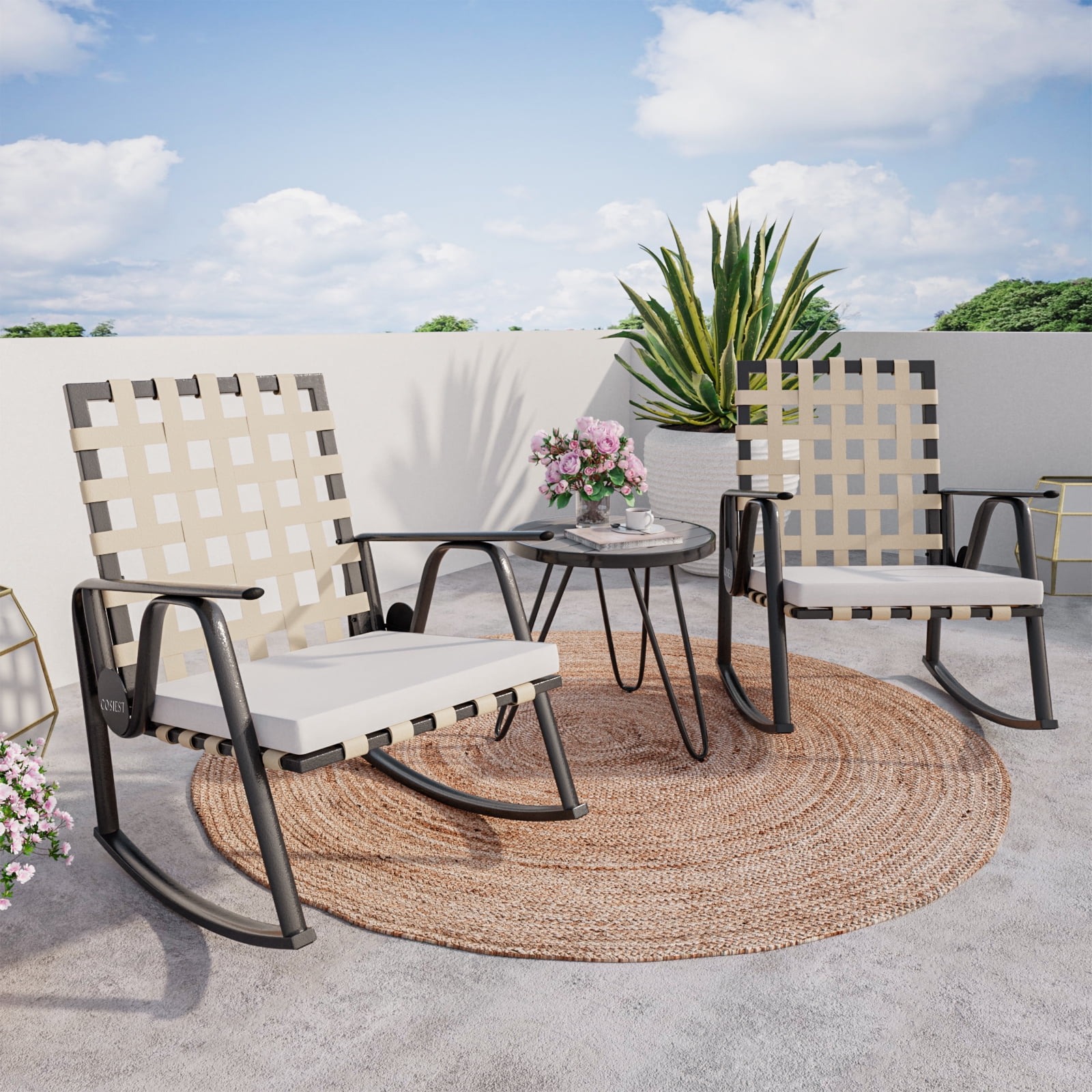 COSIEST 3 Piece Outdoor Upgrade PVC Bistro Set Patio Rocking Chairs