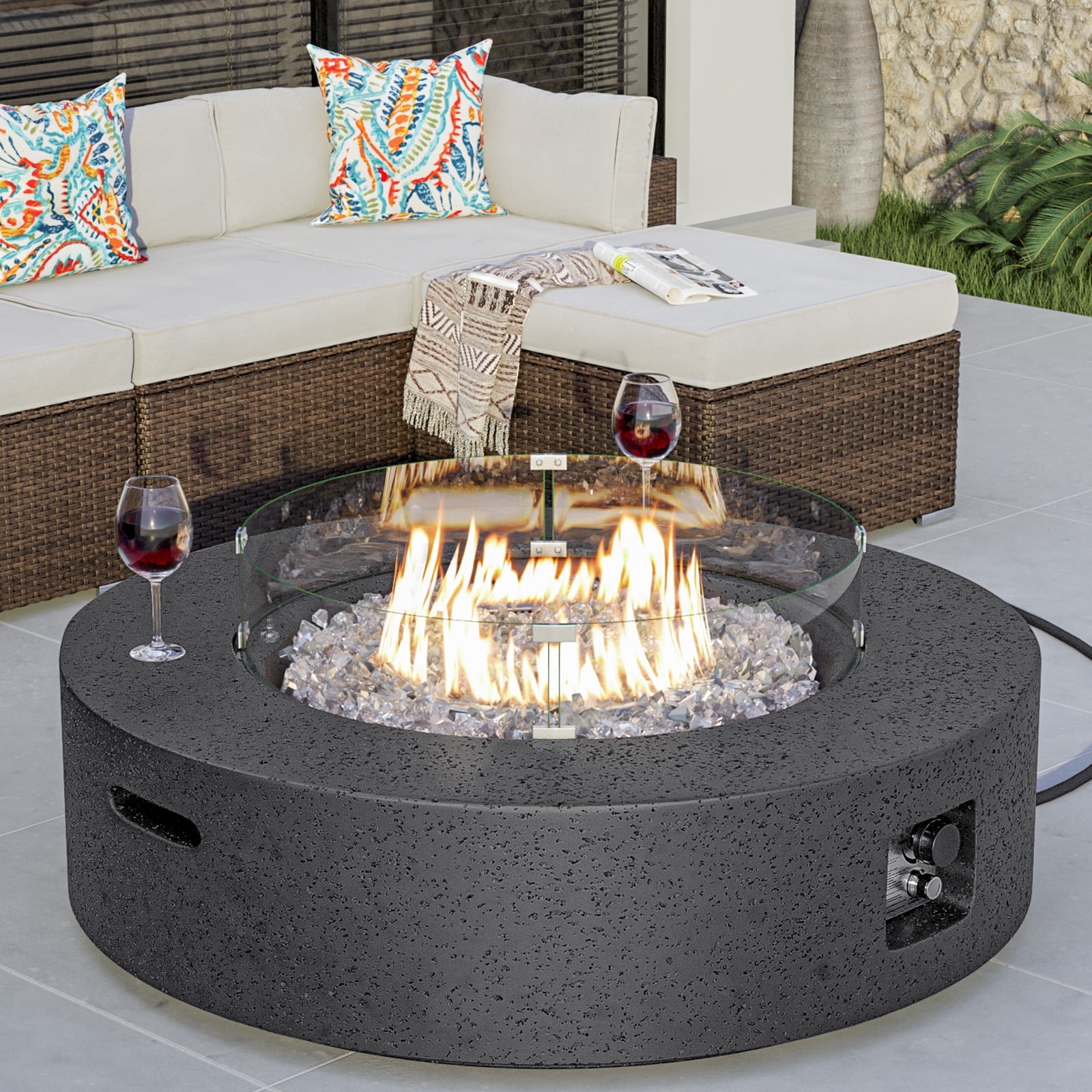 VENTOPYR 41-inch Round Outdoor Propane Fire Pit Table with Fire Glass ...