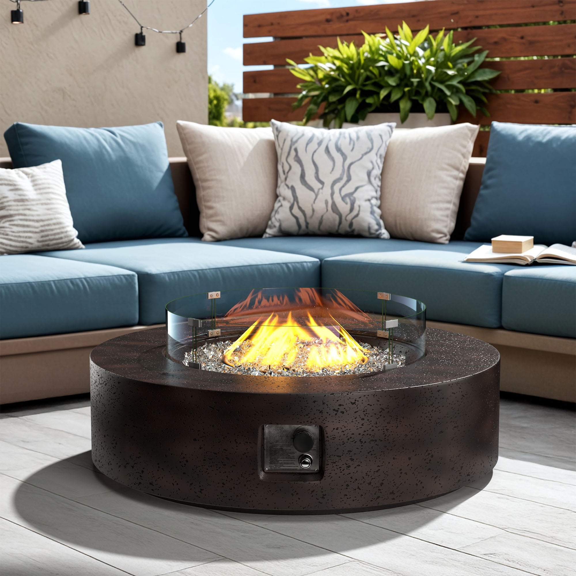 VENTOPYR 41-inch Round Outdoor Propane Fire Pit Table with Fire Glass ...