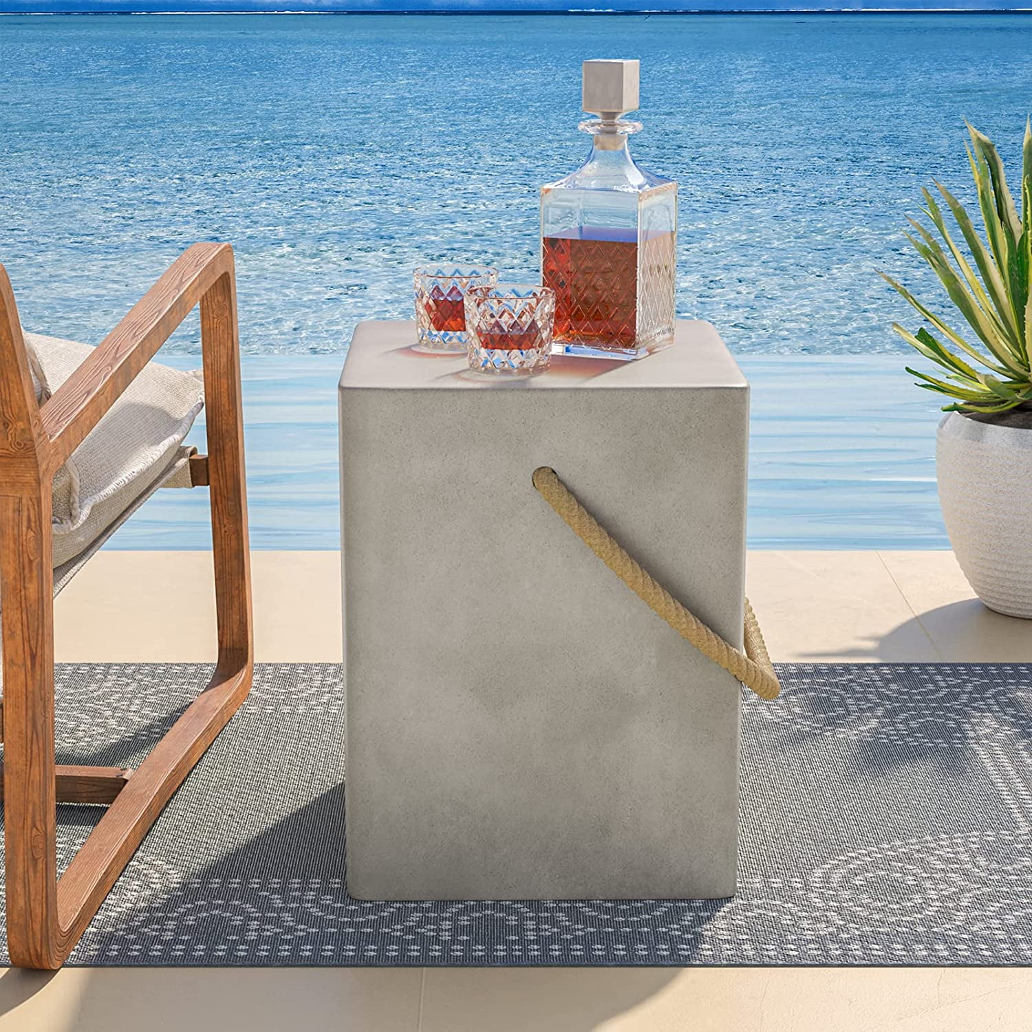 COSIEST Concrete Side Table, Outdoor Side Table w Hemp Rope Handles ...