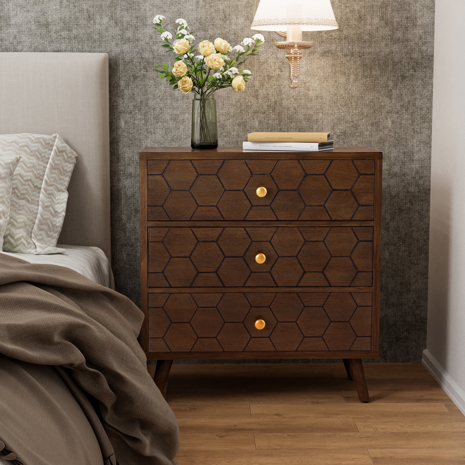 COSIEST Mid-Century Modern Honeycomb Nightstand with 3-Drawers and 4 Legs - Walmart.com