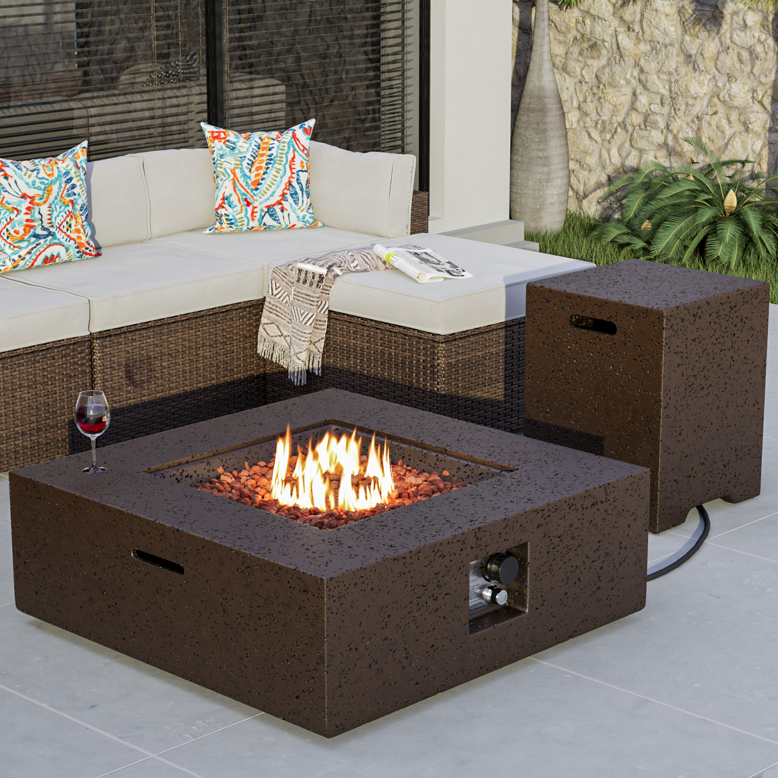 COSIEST Outdoor 35-inch Square Sandstone Propane Fire Pit w Wind Guard ...