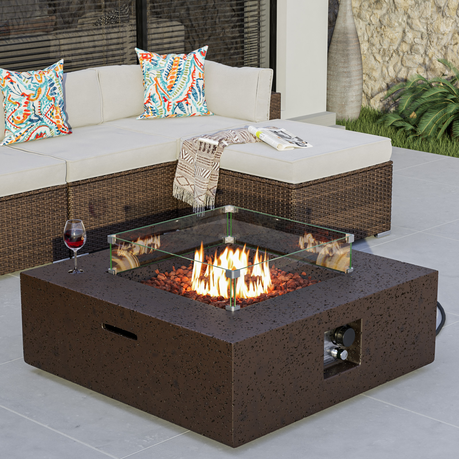 COSIEST Outdoor 35-inch Square Sandstone Propane Fire Pit w Wind Guard ...