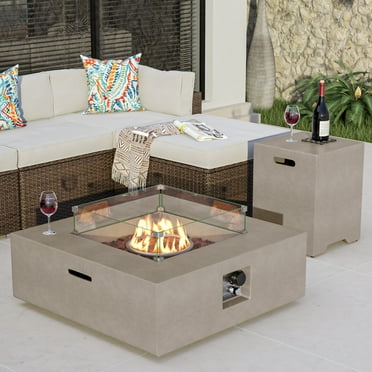 COSIEST Outdoor Patio Propane Fire Pit Coffee Table, Beige Round ...
