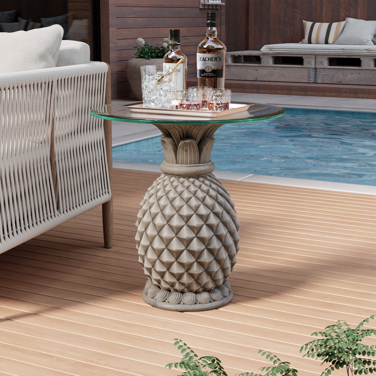 COSIEST Outdoor Cement Round Antique Beige Side Table with Pineapple ...