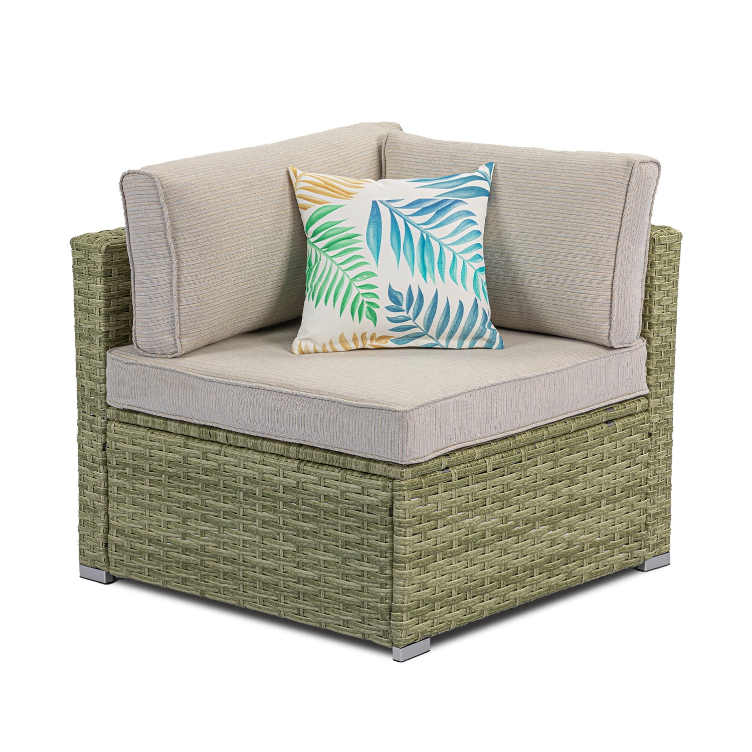 COSIEST Outdoor Green Wicker Right Corner Chair with White Cushions ...