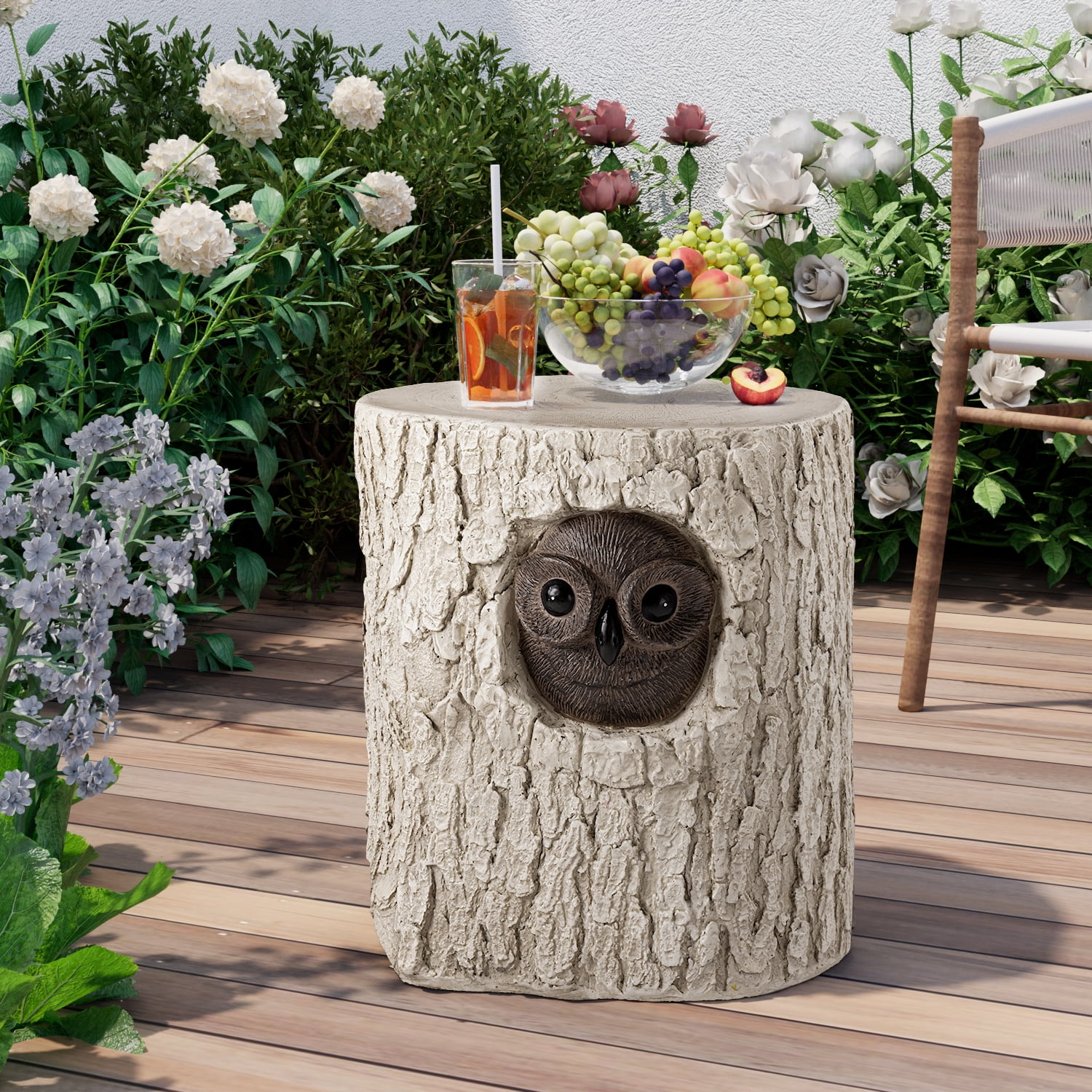COSIEST Outdoor Hand-Painted Beige Wood Stump Stool w Sculpted Owl ...