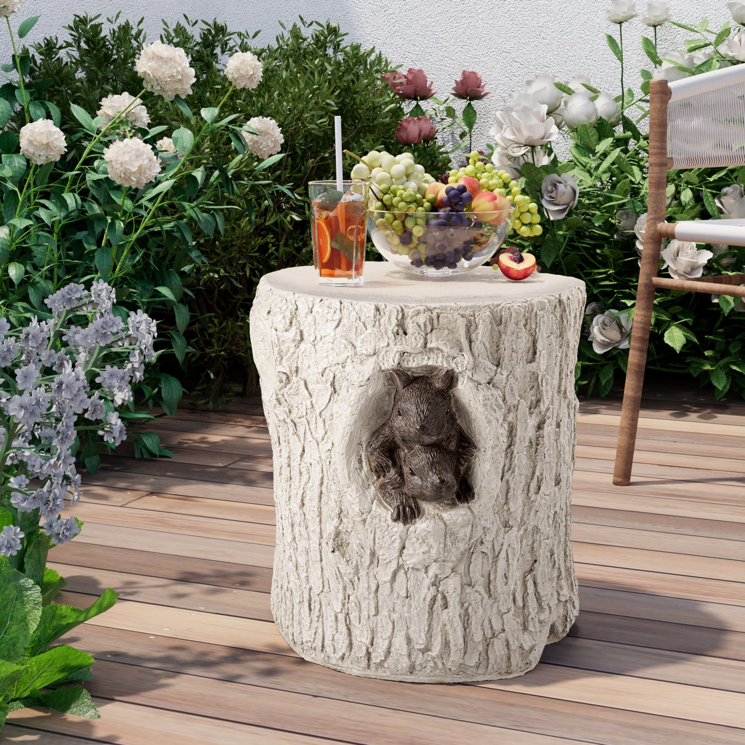 COSIEST Outdoor Hand-Painted Wood Stump Stool w Sculpted Squirrel ...