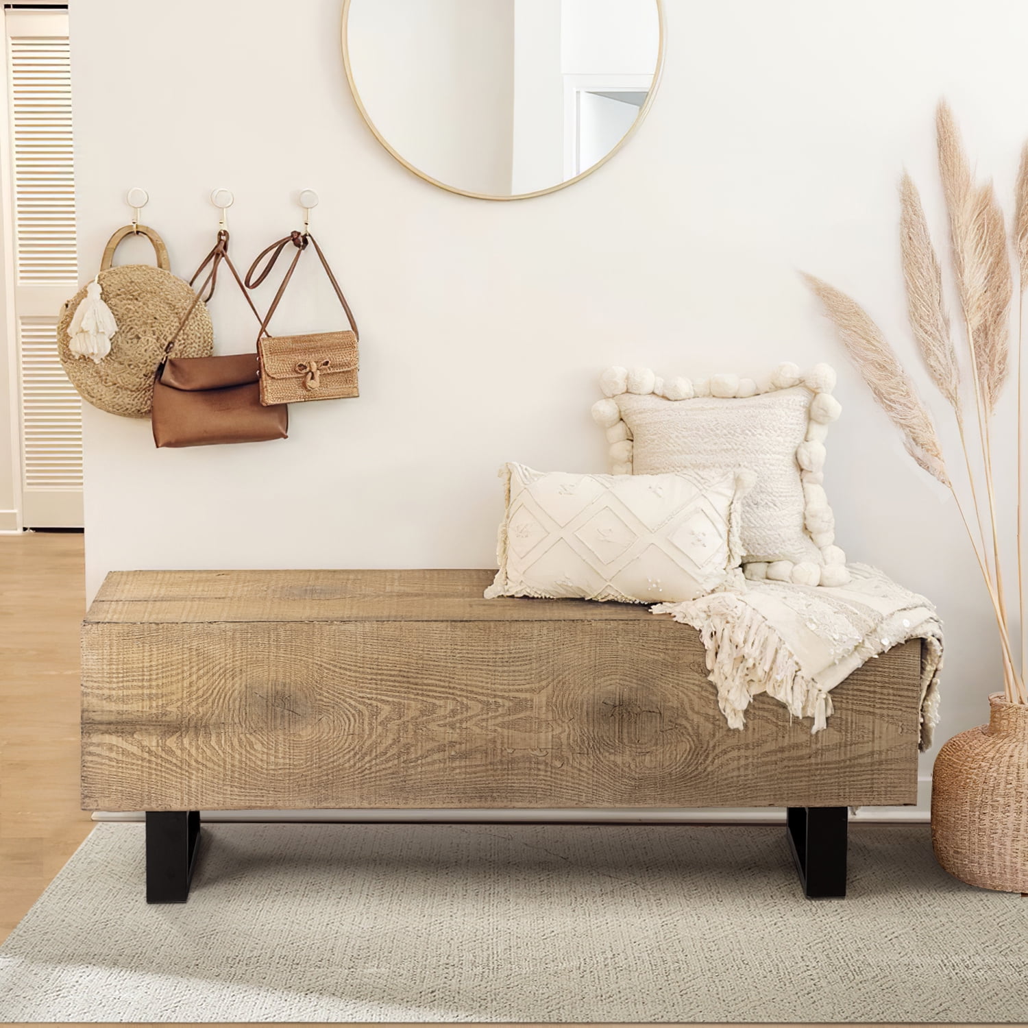COSIEST Outdoor Patio Wood Log Bench, Light Oak Rectangular MgO Garden ...